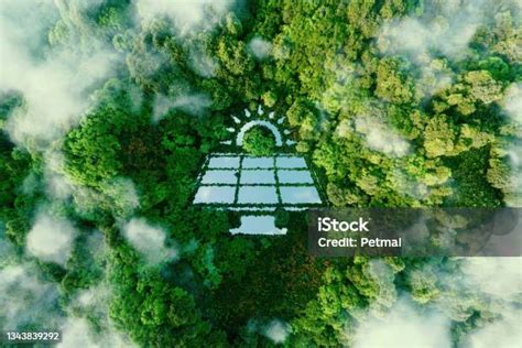 녹색 재생 에너지의 장점과 친환경성을 상징하는 태양광 발전소 모양의 깨끗한 열대 우림 한가운데에 있는 호수 3d 렌더링 태양전지판에 대한 스톡 사진 및 기타 이미지 Istock