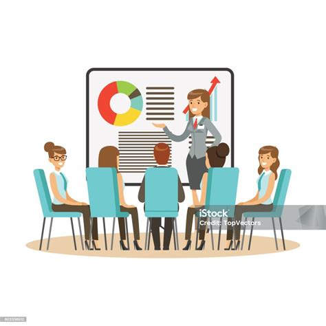 화이트 보드에 양복 만드는 프레 젠 테이 션을 설명 하 고 차트에 사업가 비즈니스 회의 사무실에서 벡터 일러스트 레이 션 교육에 대한 스톡 벡터 아트 및 기타 이미지