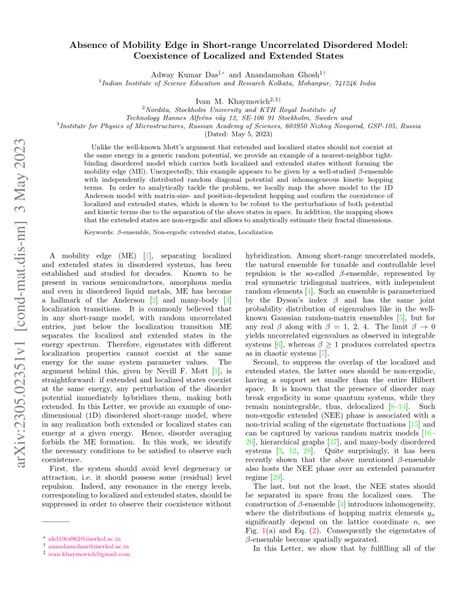 Pdf Absence Of Mobility Edge In Short Range Uncorrelated Disordered Model Coexistence Of