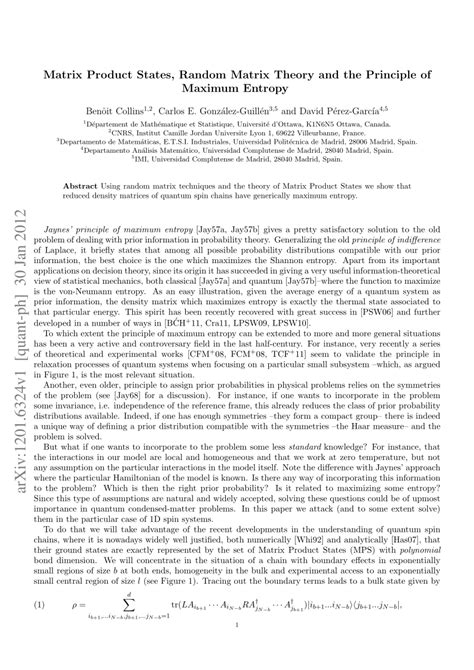 Pdf Matrix Product States Random Matrix Theory And The Principle Of Maximum Entropy