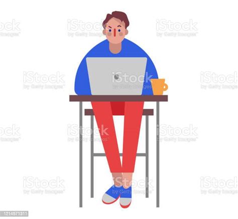 원격 근무 또는 근무 시간 구성에 대 한 직원을 검색 하는 노트북 개념에서 작업 하는 남자 동료가 없는 프리랜서 It 근로자 플랫 디자인 일러스트 경영자에 대한 스톡 벡터