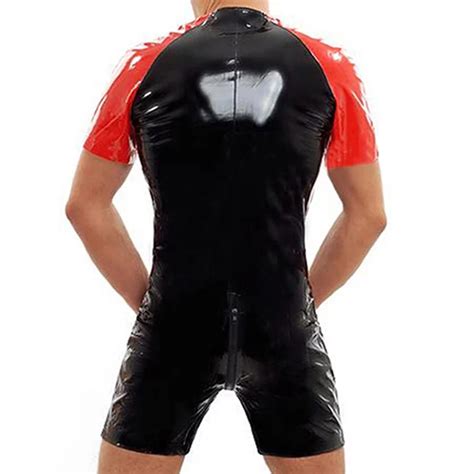 ผู้ชายเซ็กซี่เปิดเป้าหนังบอดี้สูทชายเงาหนังพีวีซีรัดรูป Plus Size Sexy Open Crotch Pvc Leather