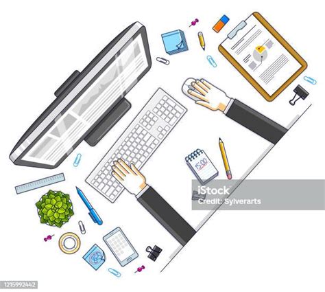 사무실 직원 또는 기업 업무 용 작업 대 작업 대 작업 장 손과 Pc 컴퓨터 및 작업 상단 보기등 다양 한 문구 개체를 사용할 수 있습니다 모든 요소는 별도로 사용하기