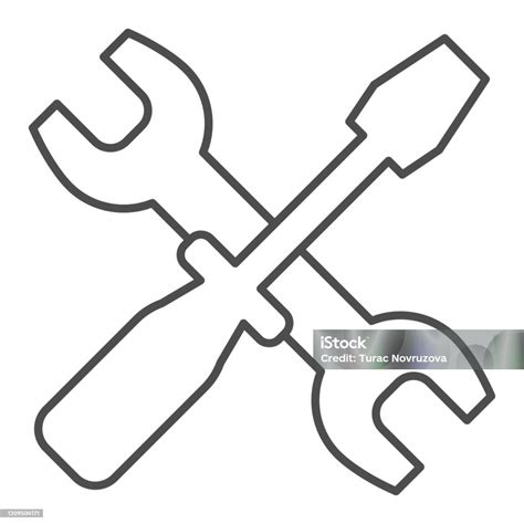 렌치 및 드라이버 얇은 라인 아이콘입니다 옵션 벡터 그림은 흰색으로 격리되어 있습니다 교차 수리 도구는 웹 및 응용 프로그램을 위해 설계된 스타일 디자인을 개요 Eps 10