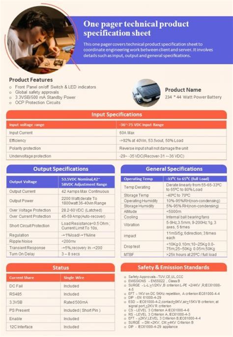 one pager technical product specification sheet pdf document ppt template