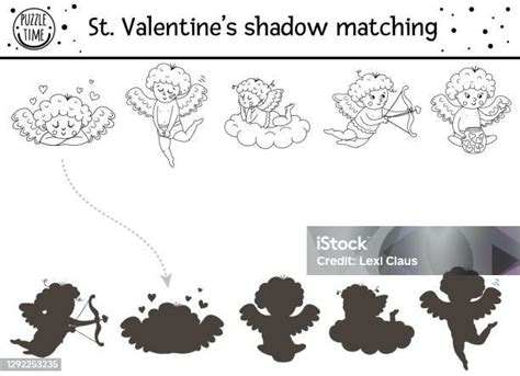 세인트 발렌타인 데이 흑백 그림자 일치 활동 어린이 귀여운 휴일 기호와 재미 개요 퍼즐 큐피드와 테마를 사랑 아이들을위한 교육 게임 올바른 실루엣 찾기 0명에 대한 스톡