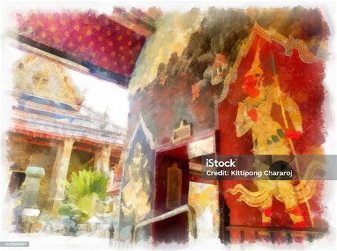방콕 태국의 그랜드 팰리스 고대 태국 건축물의 풍경 수채화 스타일 일러스트 인상파 그림 0명에 대한 스톡 벡터 아트 및 기타 이미지 0명 건축 노랑 Istock
