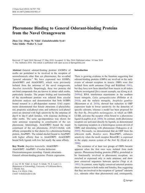 Pdf Pheromone Binding To General Odorant Binding Proteins From The Navel Orangeworm