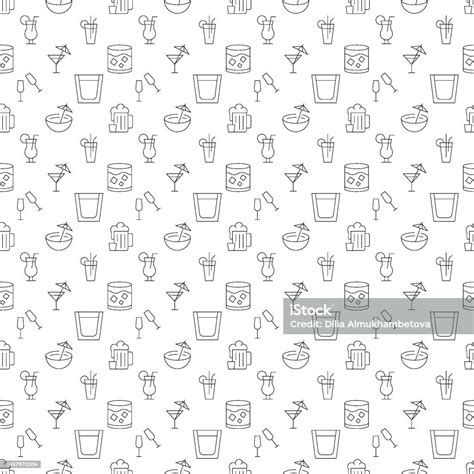 다양한 음료와 칵테일의 벡터 원활한 패턴은 선 아이콘으로 만들어집니다 웹 사이트 랩 배경 화면 엽서에 적합 0명에 대한 스톡 벡터 아트 및 기타 이미지 Istock