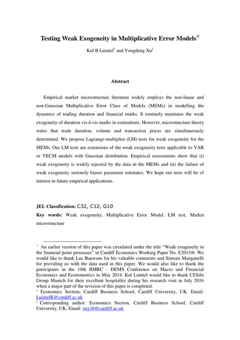 Pdf Testing Weak Exogeneity In Multiplicative Error Models