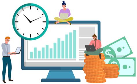 금융 자금 수입 급여 및 이익 증가와 함께 일하는 랩톱을 사용하는 사람들의 그룹 개념에 대한 스톡 벡터 아트 및 기타 이미지