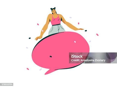 손으로 그린 벡터 추상 만화 현대 그래픽 인플루언서 소녀 캐릭터 일러스트 아트 복사 공간 연설 거품 색상 배경에 고립 고객 참여에 대한 스톡 벡터 아트 및 기타 이미지
