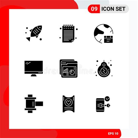 Group Of 9 Solid Glyphs Signs And Symbols For Chart Pc Develop Imac Monitor Stock Vector