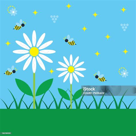 심플한 화이트 데이지 꽃과 꿀벌 아이와 아이 와 봄 푸른 하늘 날 포스터 처럼 0명에 대한 스톡 벡터 아트 및 기타 이미지 0명 귀여운 꽃 나무 Istock