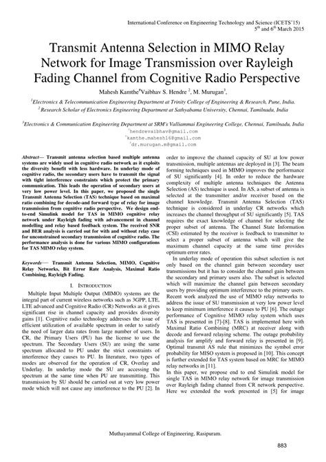 Pdf Transmit Antenna Selection In Mimo Relay Network For Image Transmission Over Rayleigh