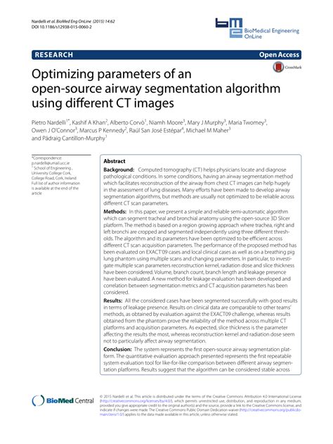 pdf optimizing parameters of an open source airway segmentation algorithm using different ct