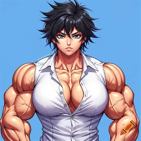 Muscular Anime Woman With Black Hair And Tattoos In Tank Top Blue Eyes Anime Style