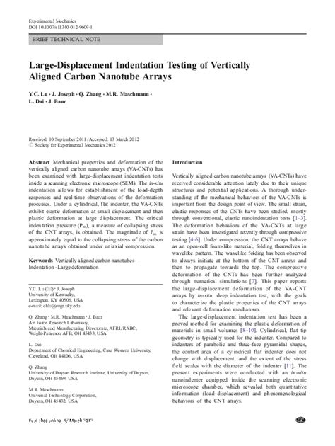 Pdf Large Displacement Indentation Testing Of Vertically Aligned Carbon Nanotube Arrays