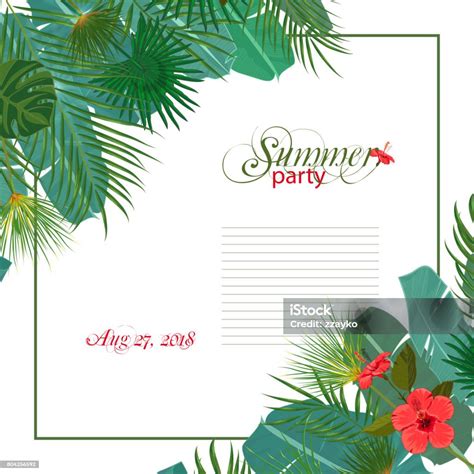 손으로 그린 열 대 종 려 잎 및 원활한 프레임 테두리와 흰색 배경에 정글 이국적인 꽃 결혼식 초대장 서식 파일 0명에 대한