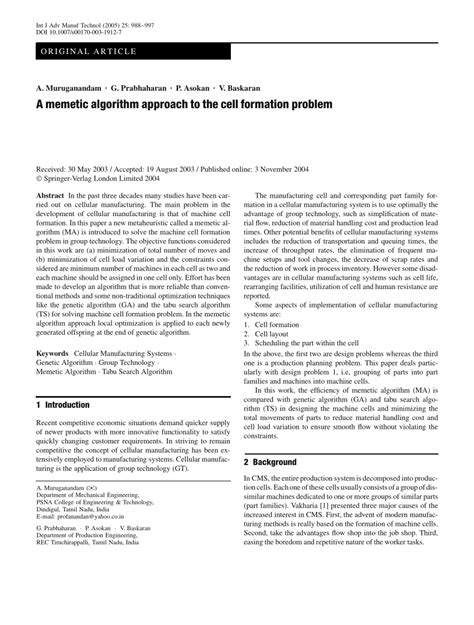 Pdf A Memetic Algorithm Approach To The Cell Formation Problem