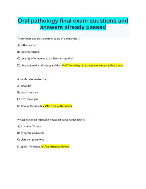Oral Pathology Final Exam Questions And Answers Already Passed