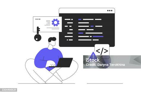 Backend Development Coding And Software Programming Man Character Working With Code At Laptop