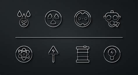 세트 라인 산성비와 방사능 구름 원자 방독면 방사성 폐기물 배럴 고전압 기호 아이디어 및 전기 콘센트 아이콘의 개념이있는 전구 벡터 0명에 대한 스톡 벡터 아트 및 기타