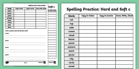 Grade 3 Hard And Soft C Spelling Practice Sheets Twinkl