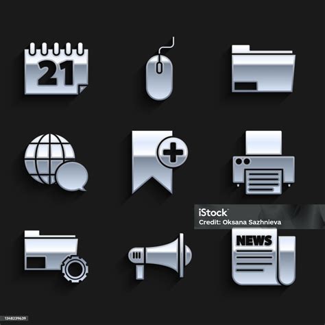 책갈피 메가폰 뉴스 프린터 기어가 있는 폴더 설정 음성 버블 문서 폴더 및 캘린더 아이콘으로 만든 월드 맵을 설정합니다 벡터 개념에 대한 스톡 벡터 아트 및 기타 이미지