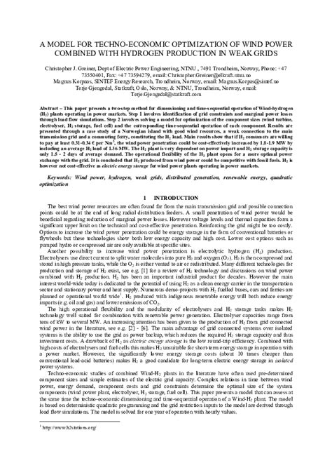 Pdf A Model For Techno Economic Optimization Of Wind Power Combined With Hydrogen Production