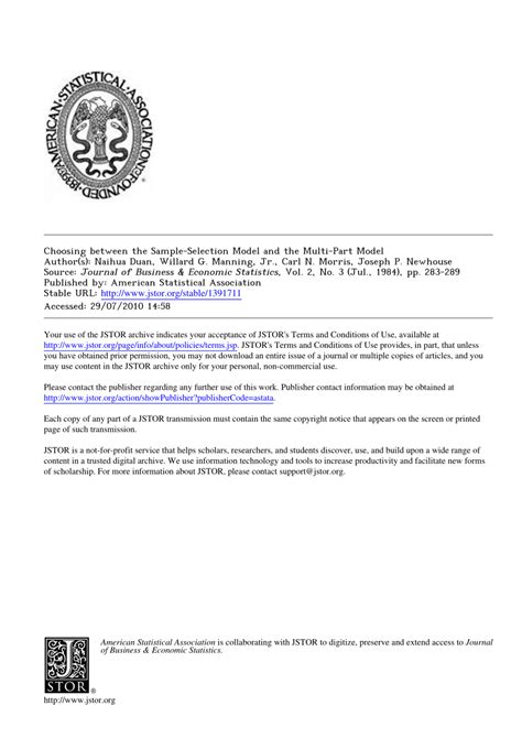 Pdf Choosing Between The Sample Selection Model And The Multipart Model