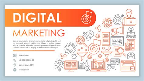 디지털 마케팅 배너 명함 벡터 템플릿 고객 매력 유지 전화 이메일 선형 아이콘과 회사 연락처 Smm Seo 프리젠 테이션 웹
