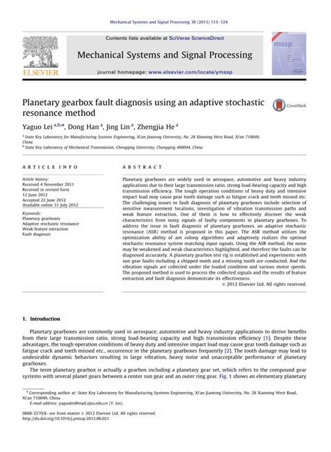 pdf planetary gearbox fault diagnosis using an adaptive stochastic
