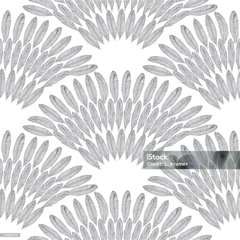 흰색 배경에 은색 회색 깃털의 팬이있는 벡터 이음새가 없는 패턴 색칠 공부 책 페이지 고풍스런에 대한 스톡 벡터 아트 및 기타 이미지 고풍스런 공작 깃털 기하 도형