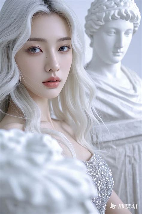 特写人像，亚洲模特，虚实结合，画中是一位肤色苍白、拥有飘逸头发发、发光的冷皮肤质感，身着闪亮白色连衣裙、灰色眼睛的女性，，甜美，看向观众，安静