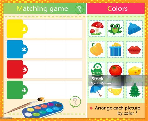 색상으로 일치합니다 아이들을위한 퍼즐 일치하는 게임 아이들을위한 교육 게임 아이템은 어떤 색인가요 미취학 아동용 워크시트 0명에 대한 스톡 벡터 아트 및 기타 이미지