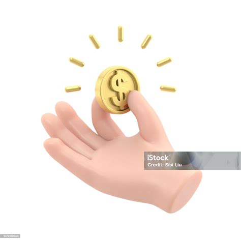 만화 제스처 아이콘 모형3d 금화를 가진 아이콘 손 돈 개념 빛나는 황금 동전 디자인 요소 흰색 배경에 3d 렌더링 3차원 형태에 대한 스톡 사진 및 기타 이미지 Istock