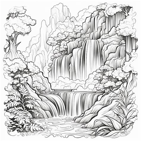 Premium Photo A Drawing Of A Waterfall With Trees And Bushes Generative Ai