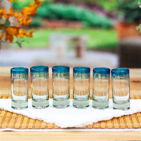 Hand Blown Mexican Tequila Shot Glasses Clear Set Of 6 Aqua Kiss Novica