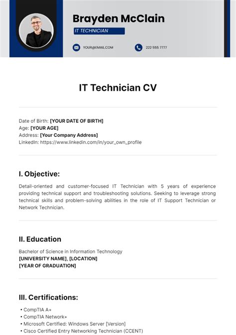IT Technician CV Template Edit Online Download Example Template Net