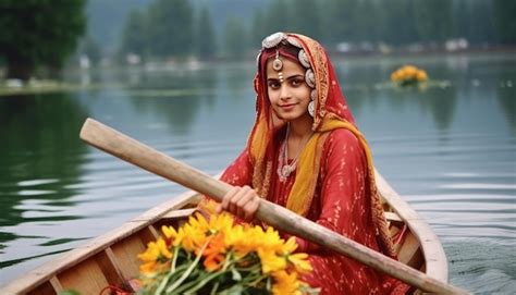 Premium Photo Young Kashmiri Girl In Kashmiri Dress On Boat Generative Ai