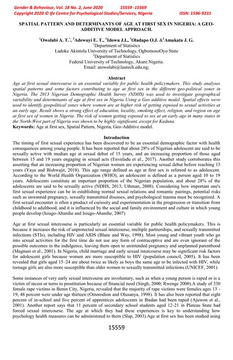 Pdf Spatial Pattern And Determinants Of Age At First Sex In Nigeria A Geo Additive Model