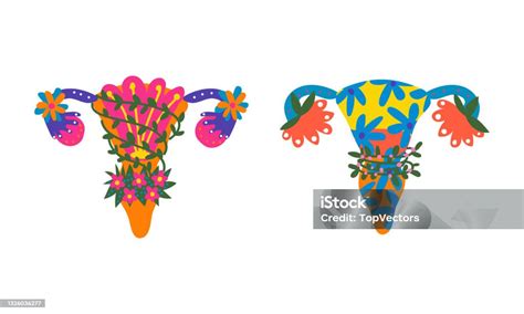 건강한 여성 생식 시스템 기관 벡터 세트로 꽃과 식물에서 배열 자궁 또는 자궁 꽃 나무에 대한 스톡 벡터 아트 및 기타 이미지