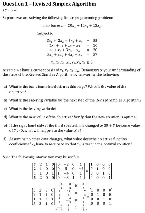 Question 1 Revised Simplex Algorithm 10 Marks