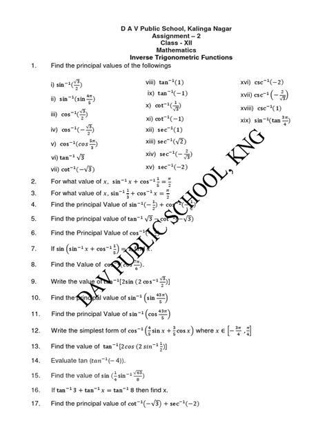 inverse trigonometric functions d a v public school kalinga nagar