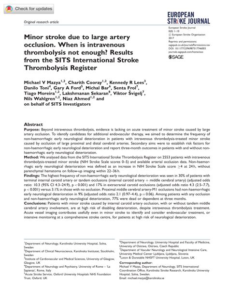 Pdf Minor Stroke Due To Large Artery Occlusion When Is Intravenous Thrombolysis Not Enough