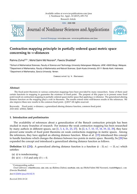Pdf Contraction Mapping Principle In Partially Ordered Quasi Metric Space Concerning To W