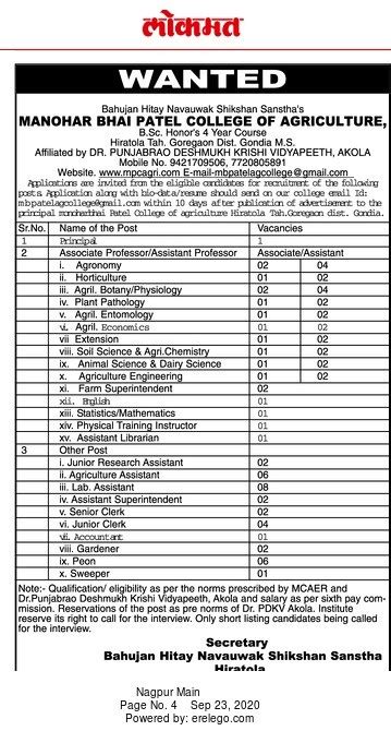Teaching Jobs Non Teaching Jobs At Manohar Bhai Patel College Of