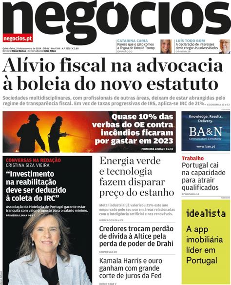 Capa Jornal De Negócios 19 Setembro 2024 Capasjornaispt