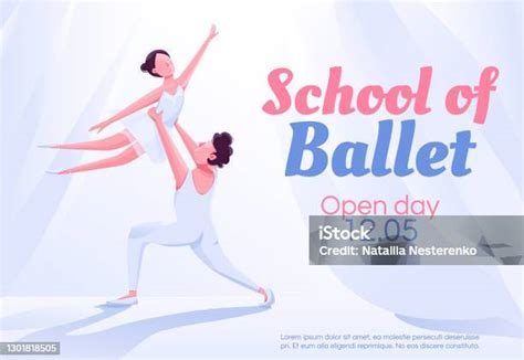 발레 배너 플랫 벡터 템플릿의 학교 브로셔 만화 캐릭터가 있는 포스터 컨셉 디자인 극장 댄스 파트너 운동 수평 전단지 텍스트 장소 전단지 춤에 대한 스톡 벡터 아트 및 기타